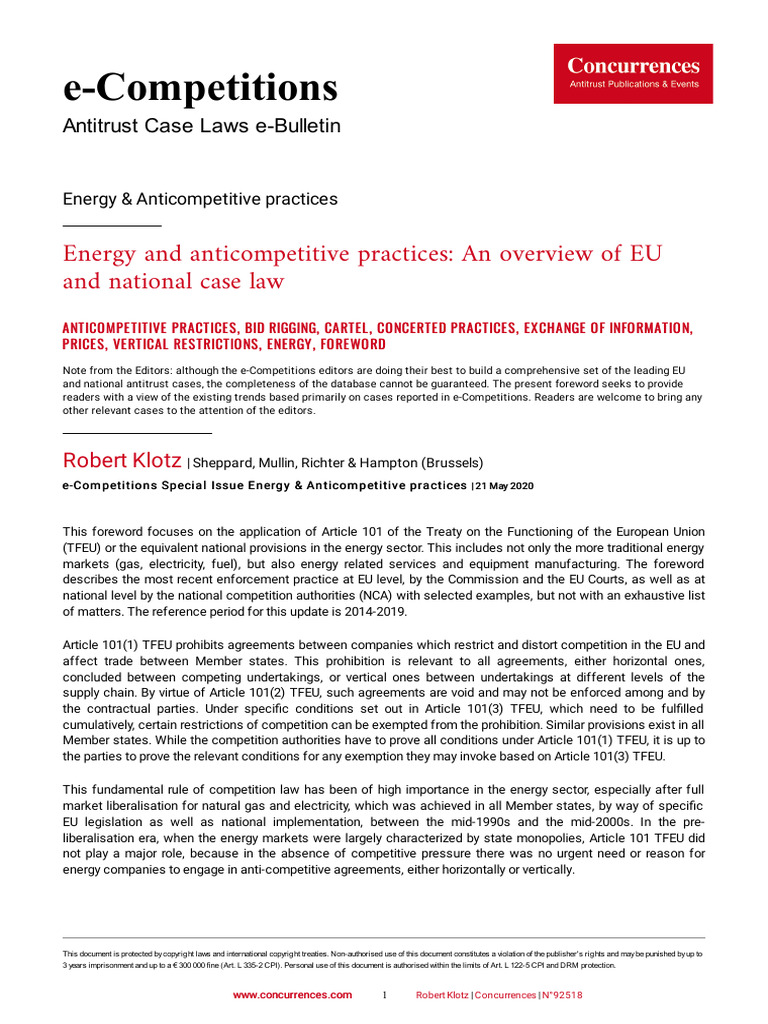 Energy and Anticompetitive Practices - An Overview of EU and National ...