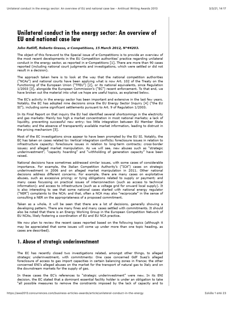Unilateral Conduct in The Energy Sector 2012 An Overview of EU and ...