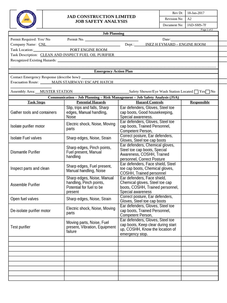 Job Safety Analysis for Fuel Oil Purifier | PDF | Water | Occupational ...