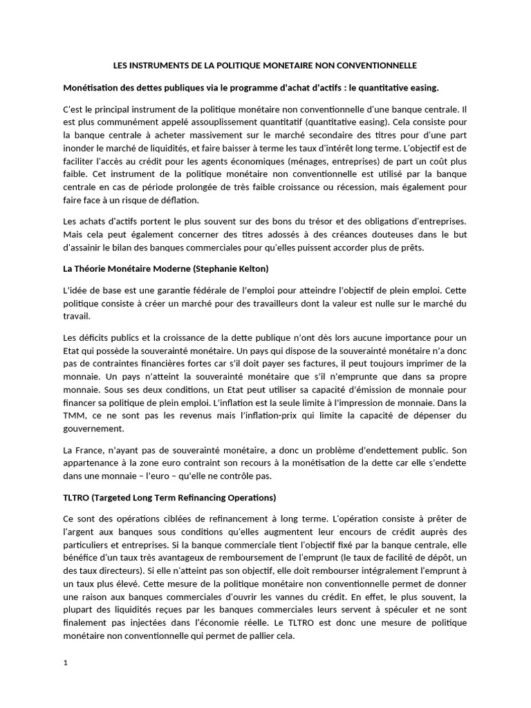 Instruments de la politique monétaire non conventionnelle | PDF ...