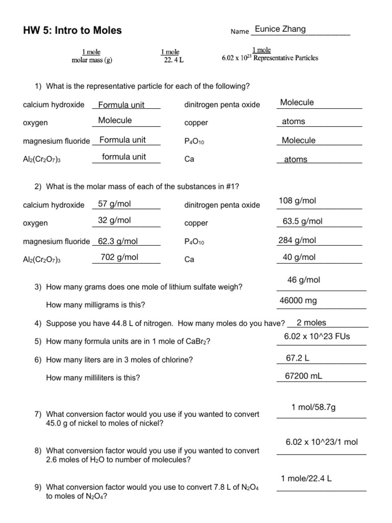 5 - HW 5 Intro to Moles | PDF | Mole (Unit) | Chemistry
