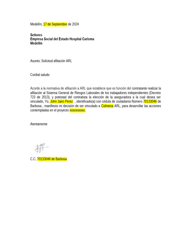 Solicitud Afiliación ARL a Colmena | PDF