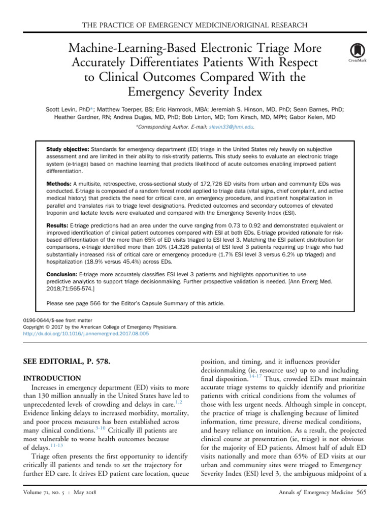 G Machine Learning Based Electronic Triage More Pdf Emergency Department Intensive Care