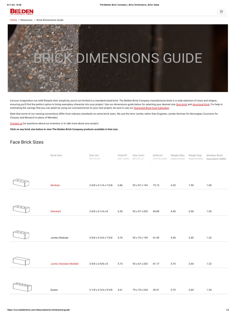 Belden Brick Size and Dimension Guide | PDF | Brick | Building Materials