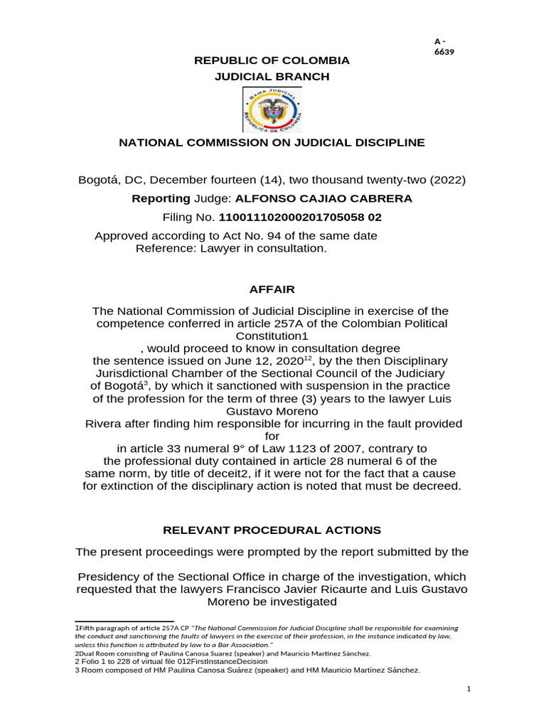 Colombia Lawyer Disciplinary Case Summary | PDF | Lawyer | Statute Of ...