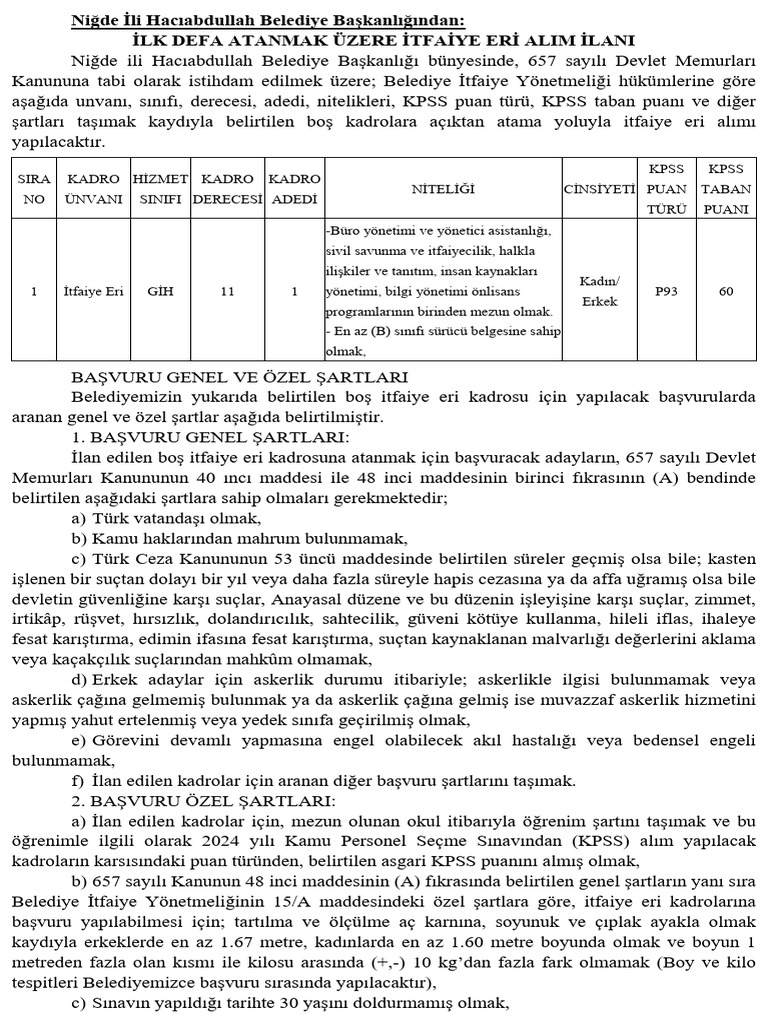 Nigde Haciabdullah Belediyesi Itfaiye Eri Alim Ilani 31 12 2024 | PDF