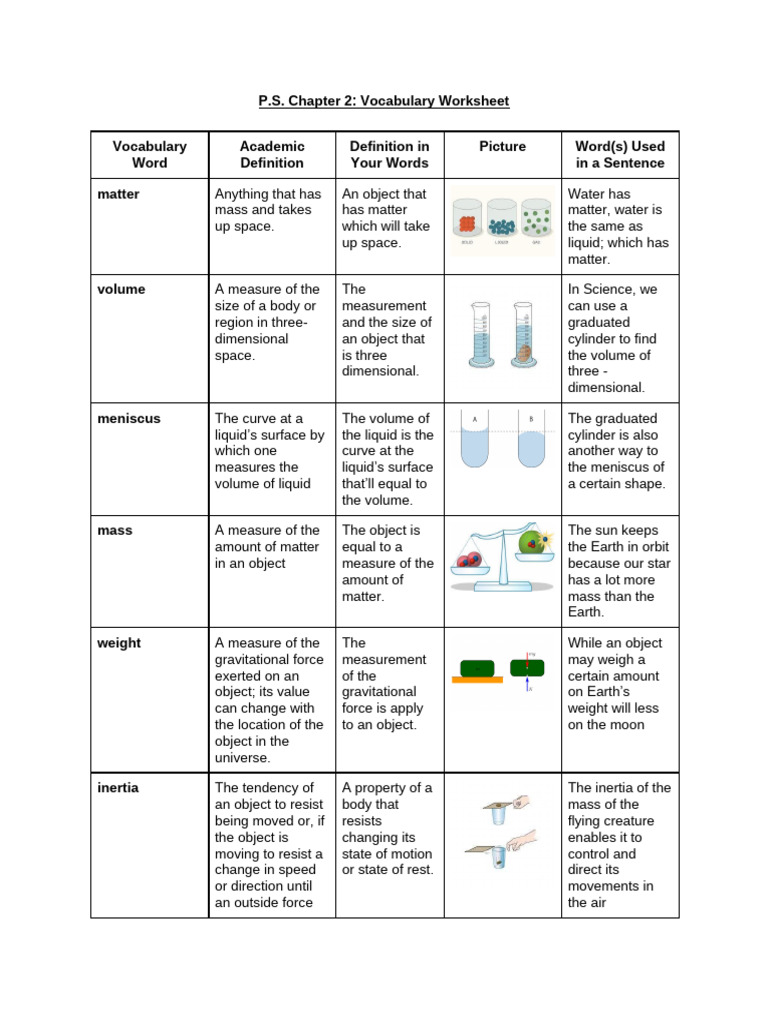 Vocabulary Worksheet for Science Concepts | PDF | Weight | Mass