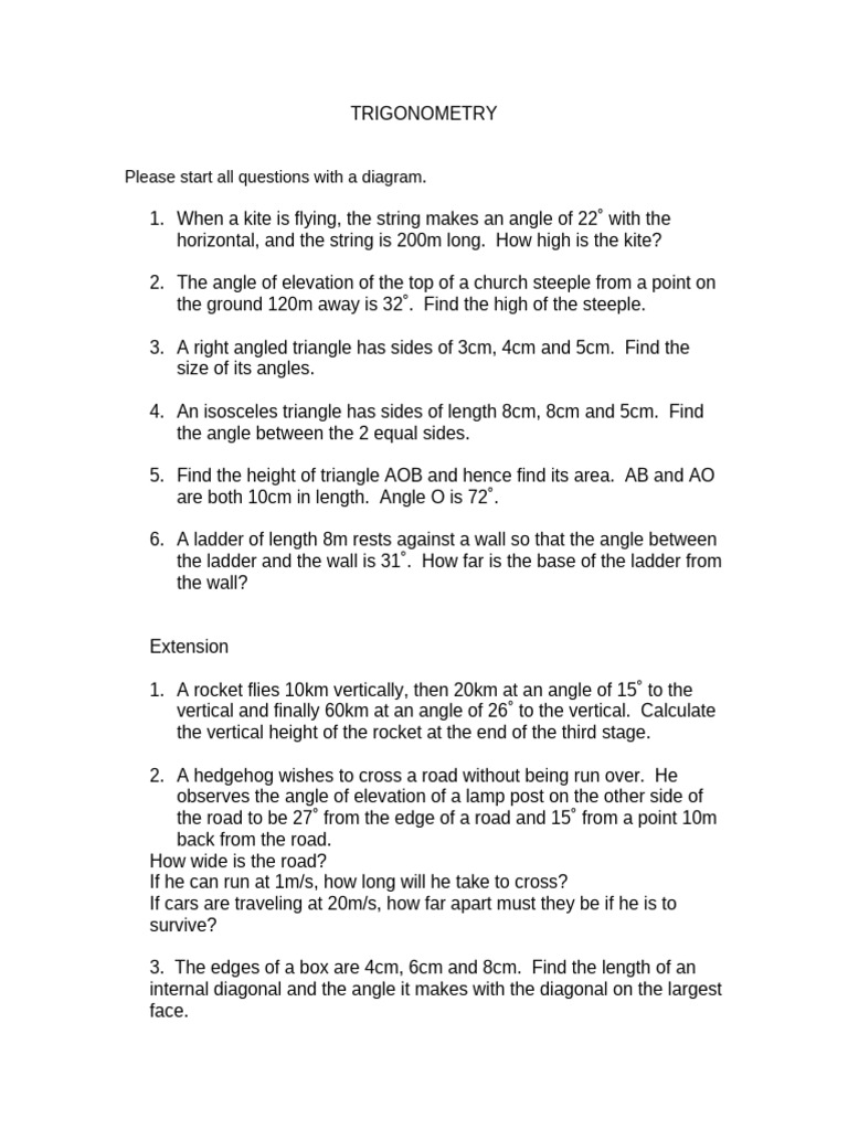 Trigonometry Word Problems with Diagrams | PDF