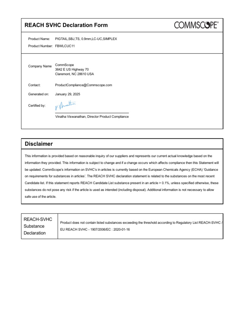 REACH SVHC Declaration Form 2025 | PDF