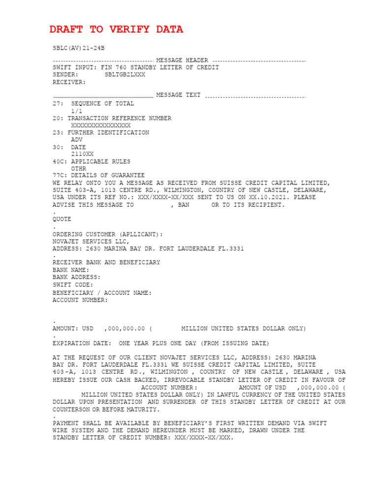 Draft SBLC Suisse Capital | PDF | Letter Of Credit | Credit Card