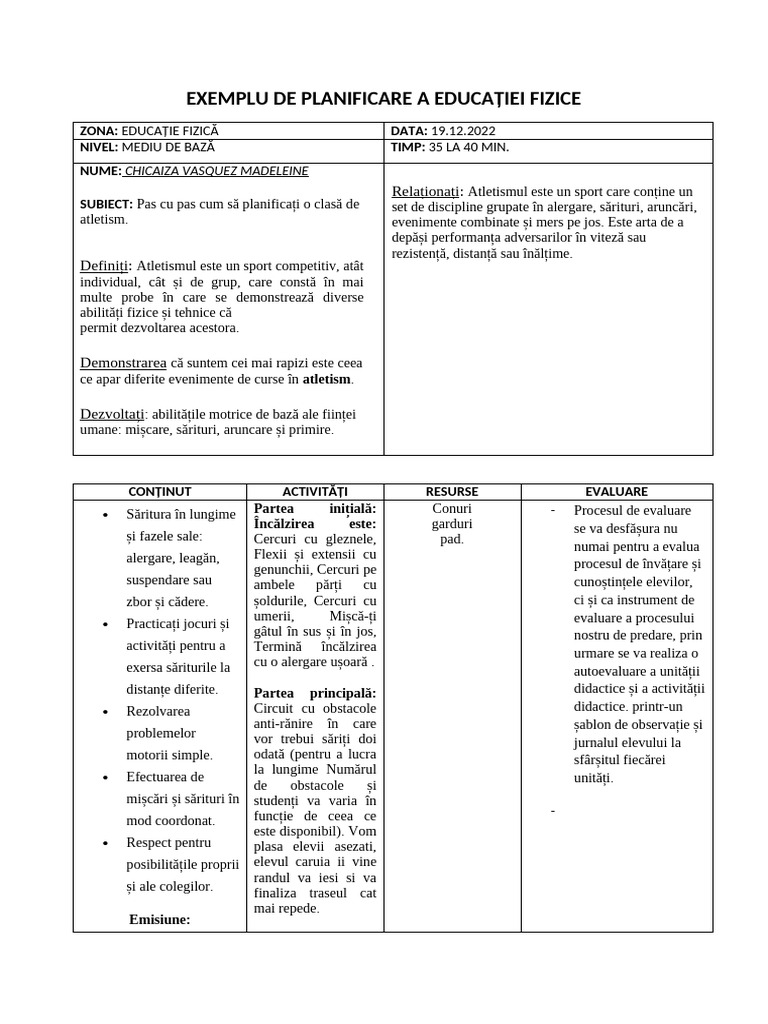 Exemplu de Planificare A Educației Fizice | PDF