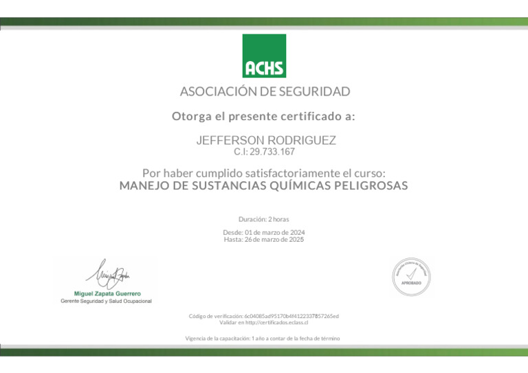Certificado en Manejo de Sustancias Químicas | PDF