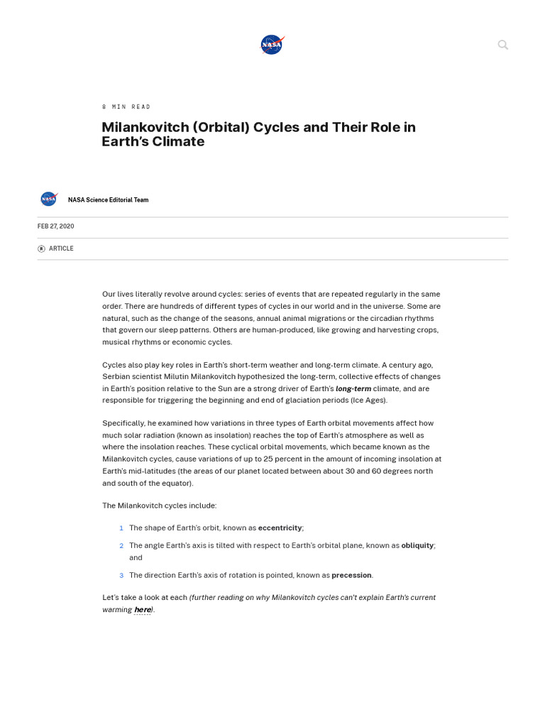 Milankovitch (Orbital) Cycles and Their Role in Earth's Climate - NASA ...