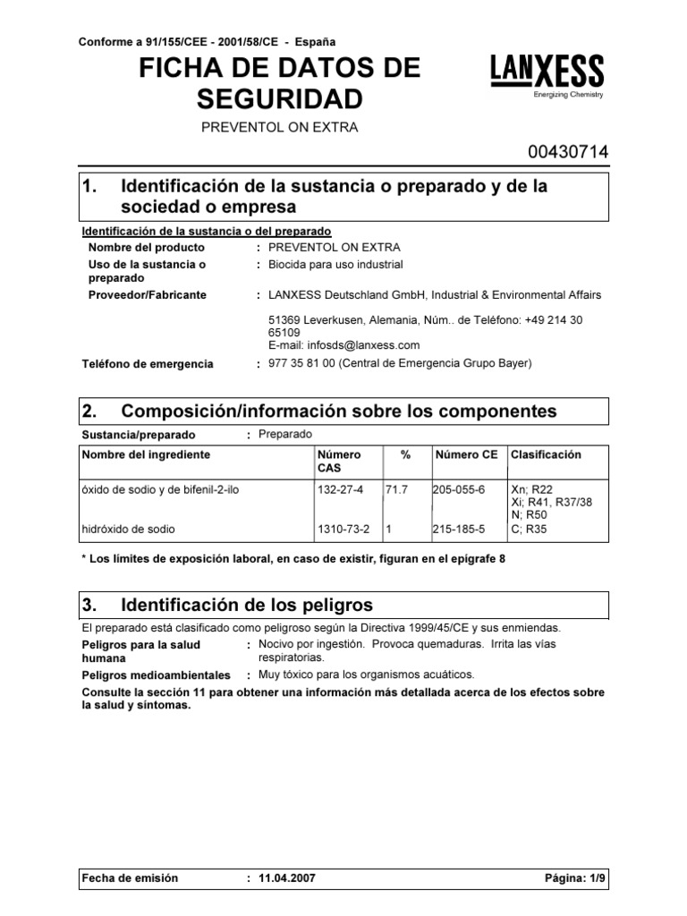 Ficha de Seguridad de Preventol ON Extra | PDF | Ventilación ...
