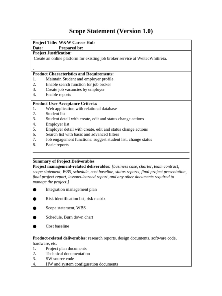 W&W Career Hub Project Scope Statement | PDF | Information Technology ...