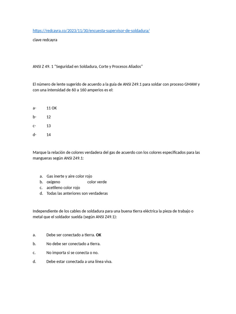 Cuestionario ANSI Z49.1 Seguridad en Soldadura, Corte y Procesos Aliados | PDF | Soldadura ...