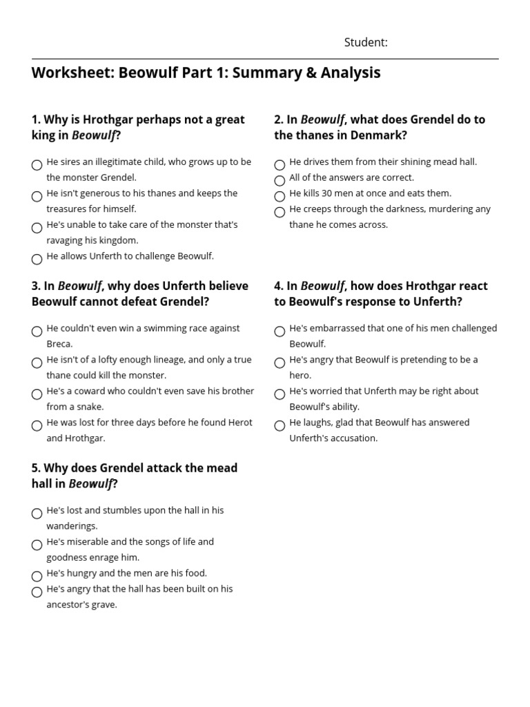 Beowulf Pt. 1 Worksheet Questions | PDF