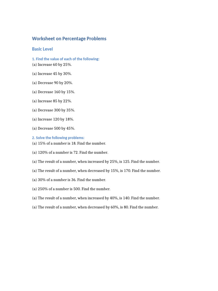 5th Grade Percentage Problems Worksheet | PDF