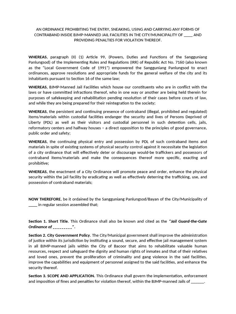 Draft Ordinance - Contraband in Jails | PDF | Prison | Local Ordinance