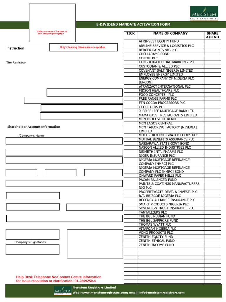 Meristem Registrars e Dividend Mandate Form | PDF | Investing ...