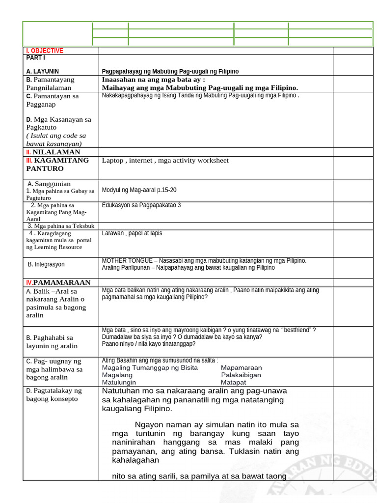 DLP ESP Pagpapahayag NG MABUTING pAG UUGALI NG fILIPINO WEEK 4 | PDF