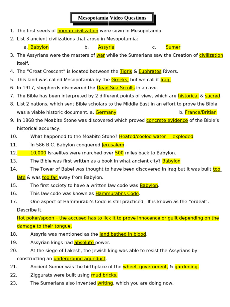 Mesopotamia Video Questions KEY | PDF
