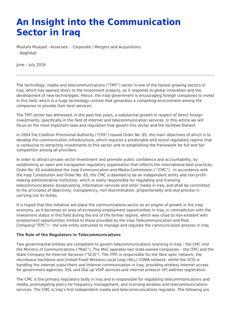 An Insight Into The Communication Sector in Iraq | PDF | License ...