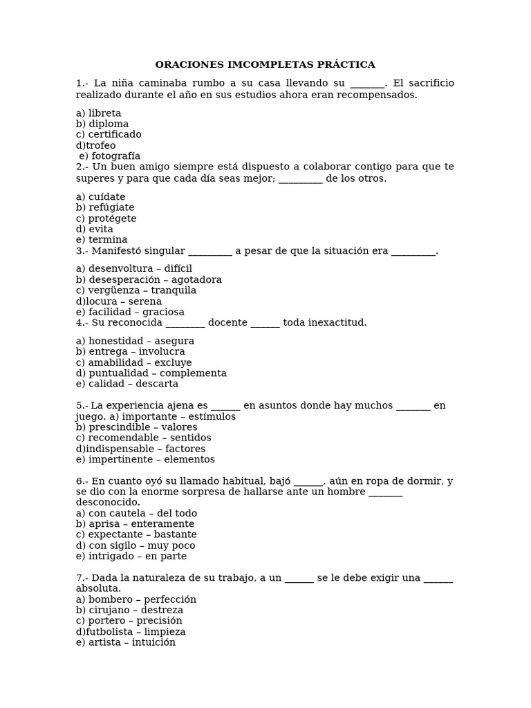 Práctica de Oraciones Incompletas | PDF