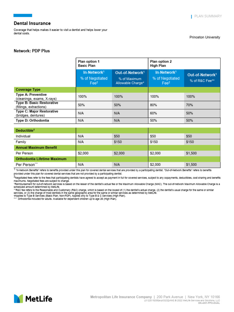 2023 Metlife Dental Summary - 1 | PDF | Dentistry | Dental Implant