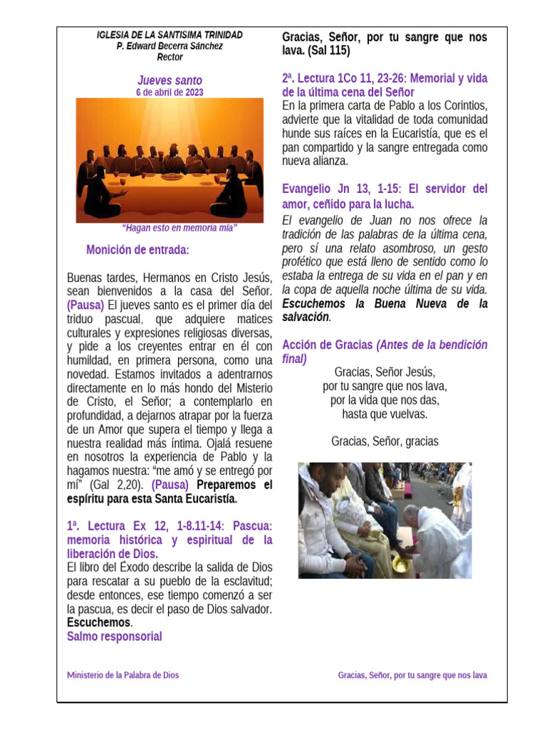Moniciones JUEVES SANTO 6 de Abril de 2023 | PDF | eucaristía | Última cena