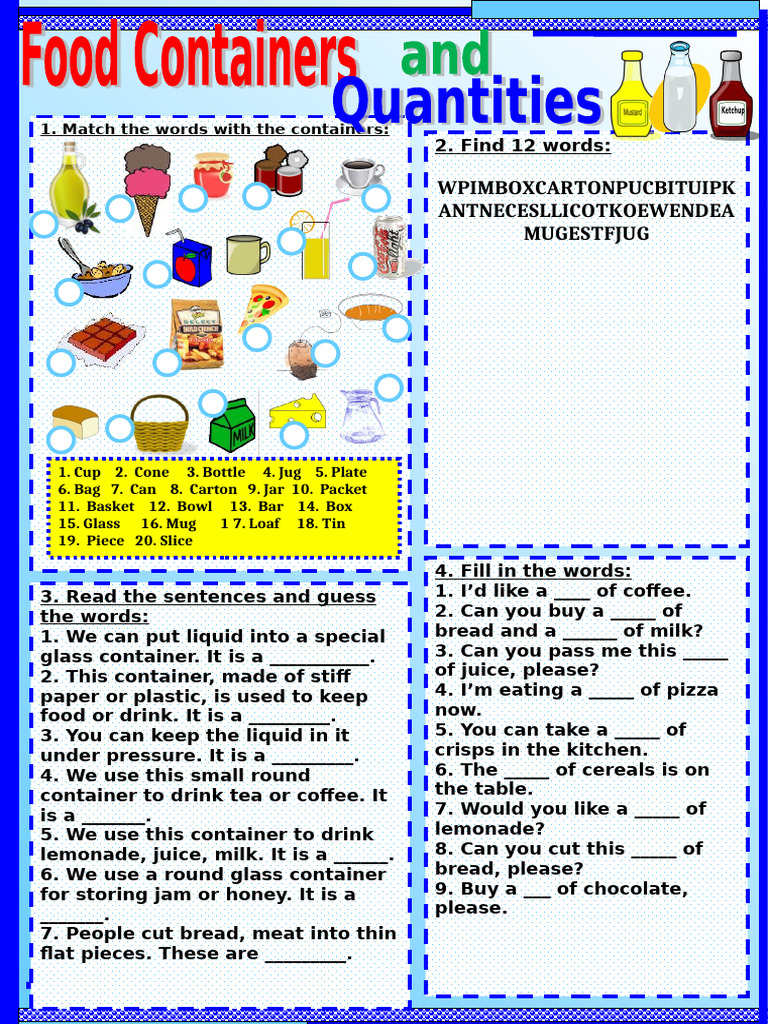 Food Container Vocabulary Worksheet | PDF
