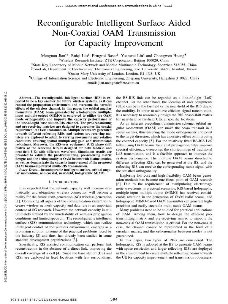 Reconfigurable Intelligent Surface Aided Non-Coaxial OAM Transmission For Capacity Improvement ...