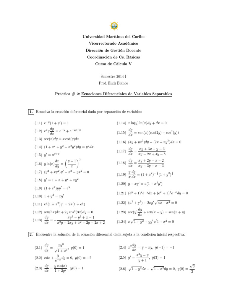 Práctica 2 - ED de Variables Separables | PDF | Ecuaciones | Objetos matemáticos