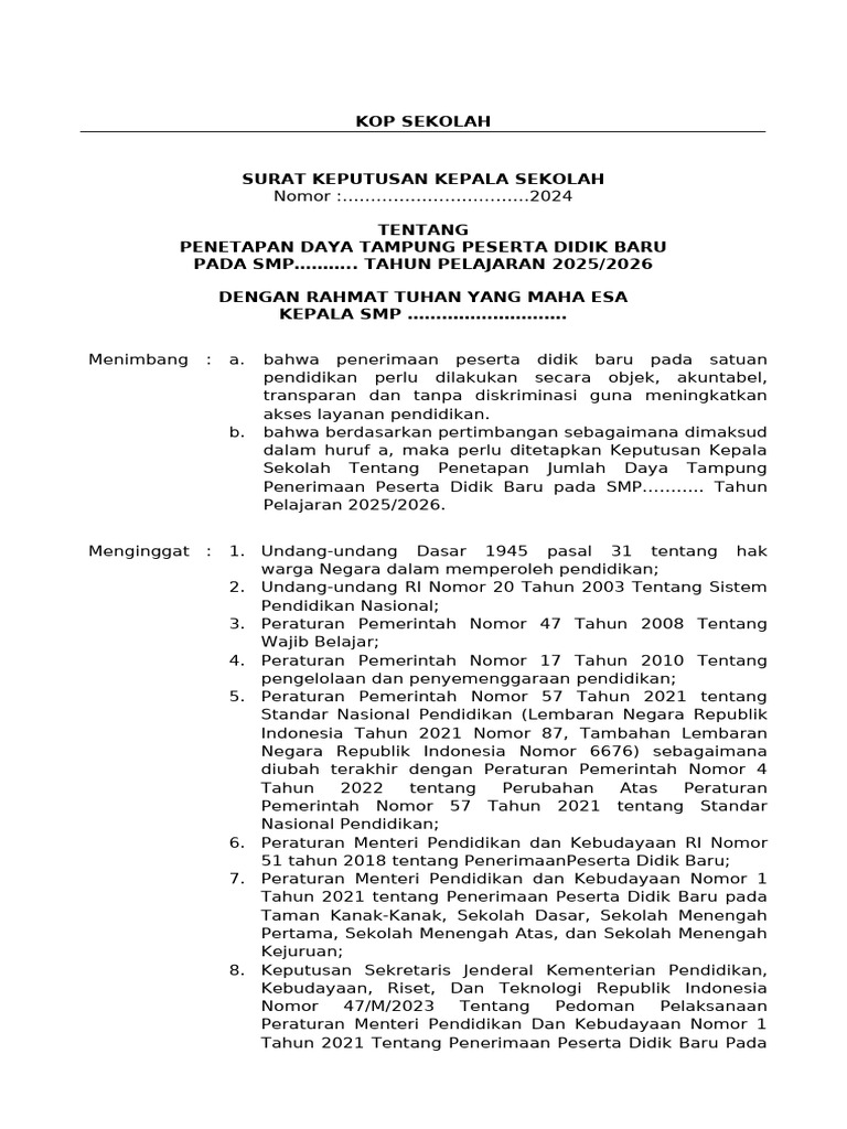 SK Daya Tampung Sekolah 2025 | PDF