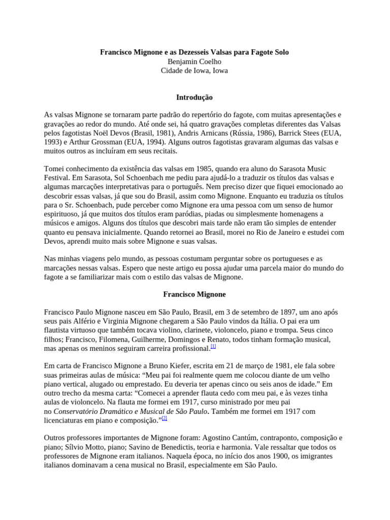 Benjamin Coelho Francisco Mignone e Os Dezesseis Valsas para Fagote ...