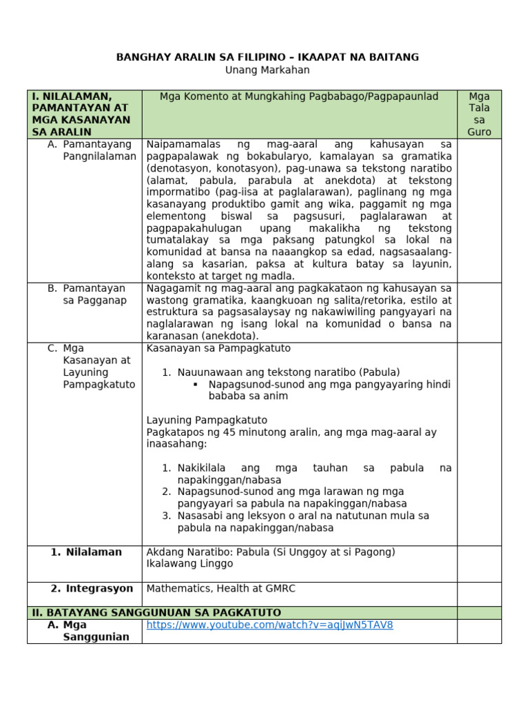 Banghay Aralin Sa Filipino 4 | PDF
