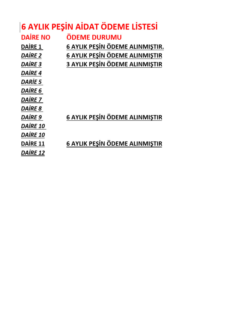 6 Aylik Peşin Aidat Ödeme Listesi | PDF