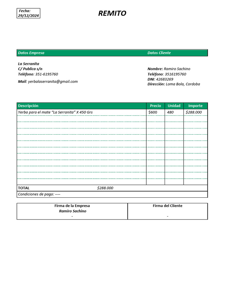 Remito Yerba Mate La Serranita | PDF