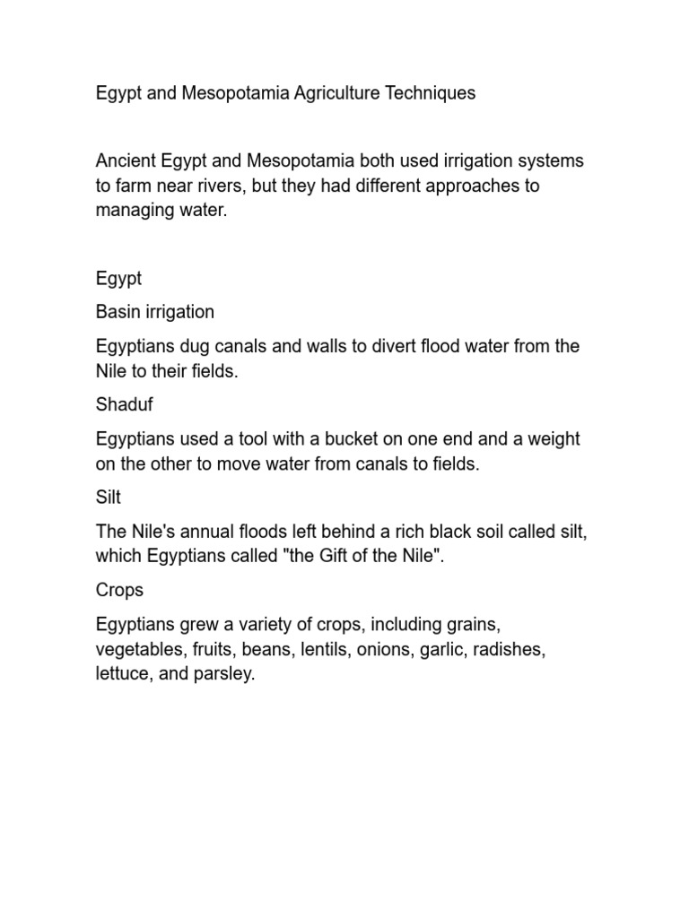 Egyptian vs. Mesopotamian Irrigation Methods | PDF