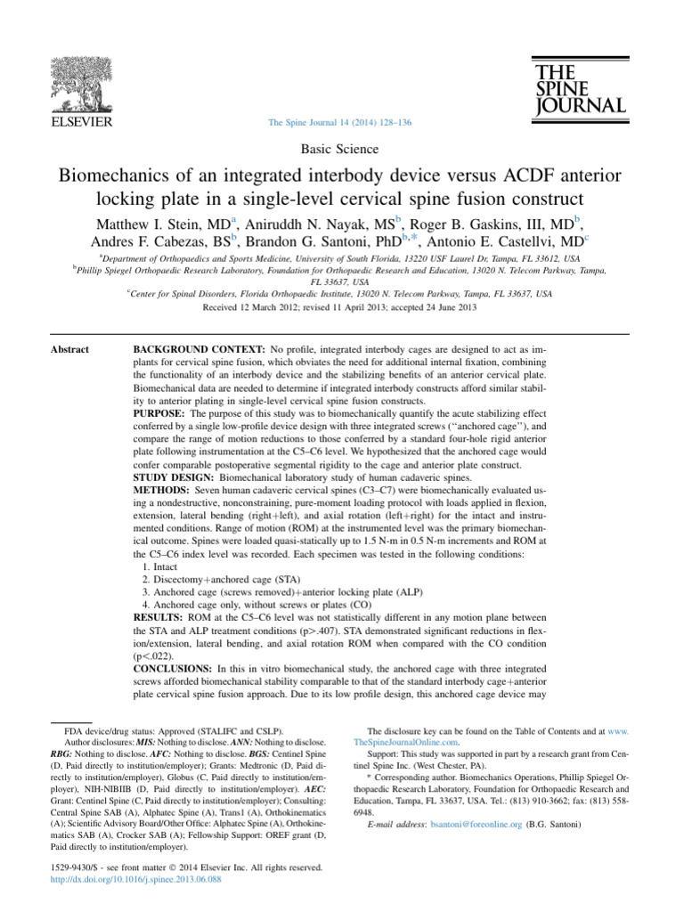 Stein STALIF C Vs ACDF Biomechanics TSJ 2014 | PDF | Vertebral Column ...