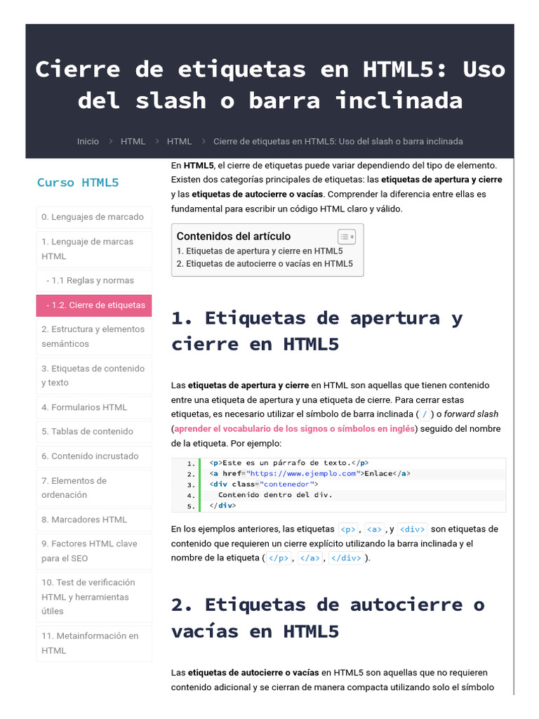 2.2. Cierre de Etiquetas en HTML5 - Uso Del Slash o Barra Inclinada | PDF | HTML | Metadatos