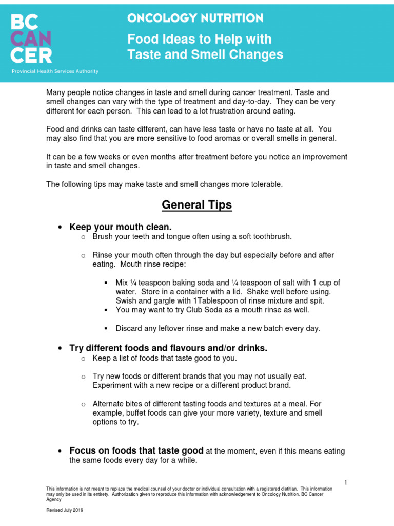 Food Ideas To Cope With Taste and Smell Changes | PDF | Taste | Foods