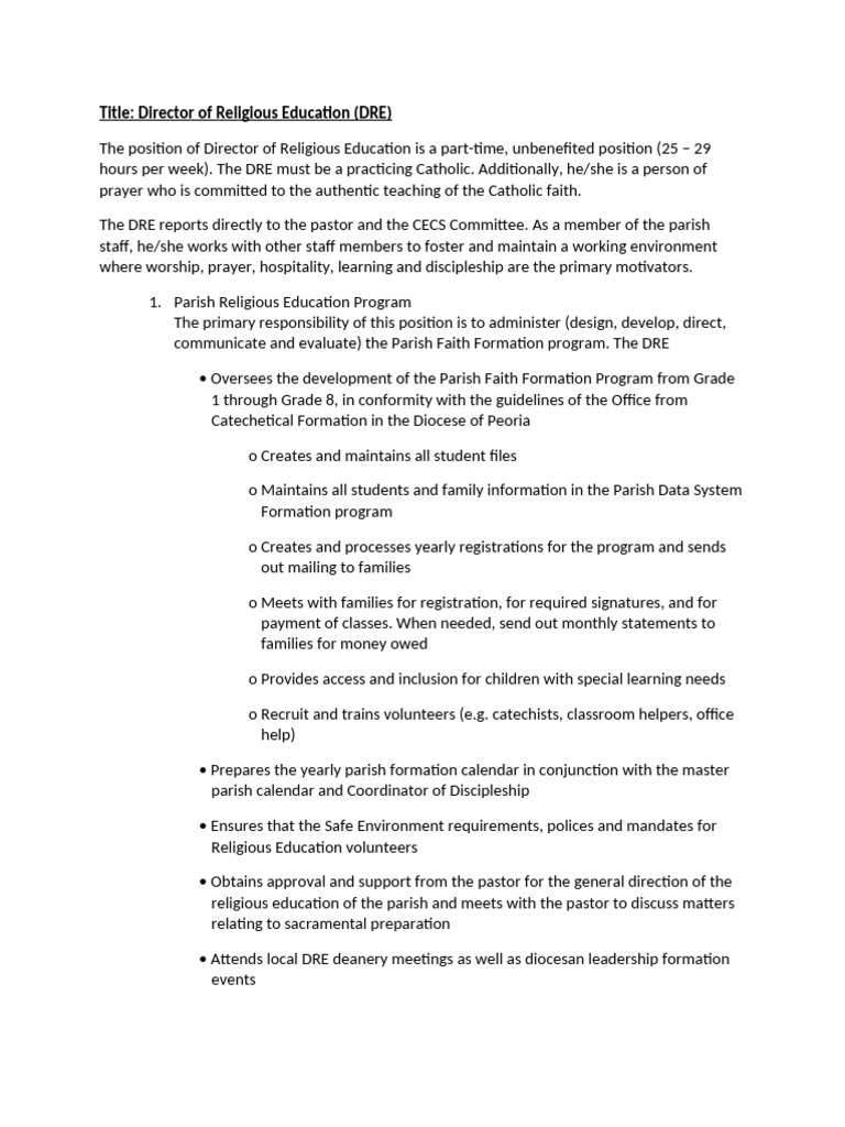 Director of Religious Education (DRE) Job Duties | PDF | Confirmation ...