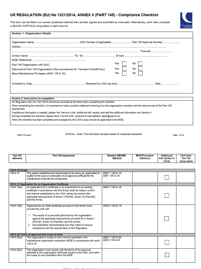 Uk Part 145 Checklist | PDF