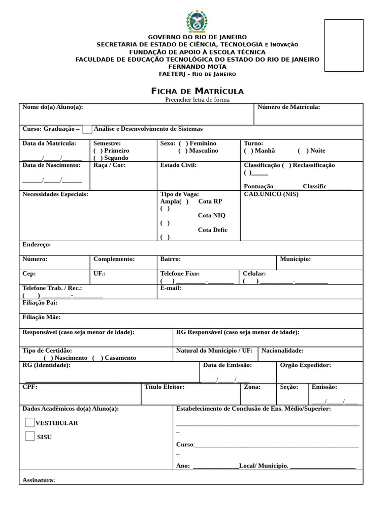 Ficha de Matrícula FAETERJ-Rio 2024 | PDF