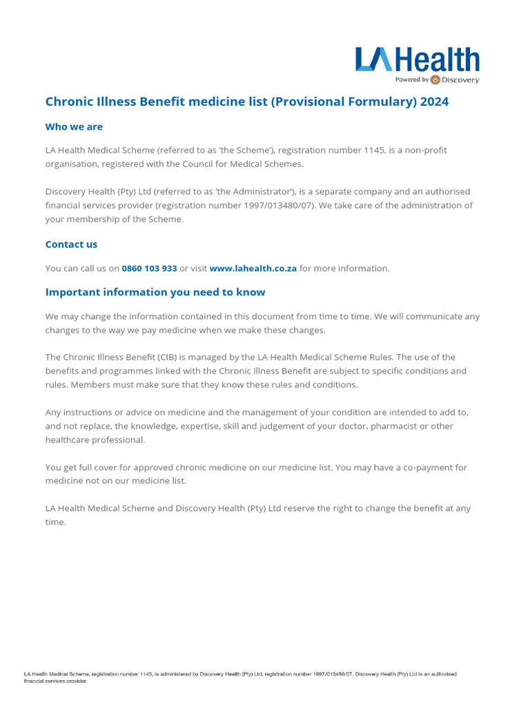 La Health Chronic Illness Benefit Medicine List Provisional Formulary ...