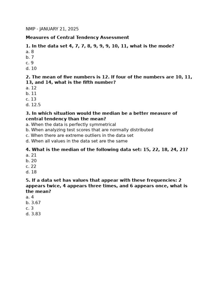 Central Tendency Quiz & Answers | PDF