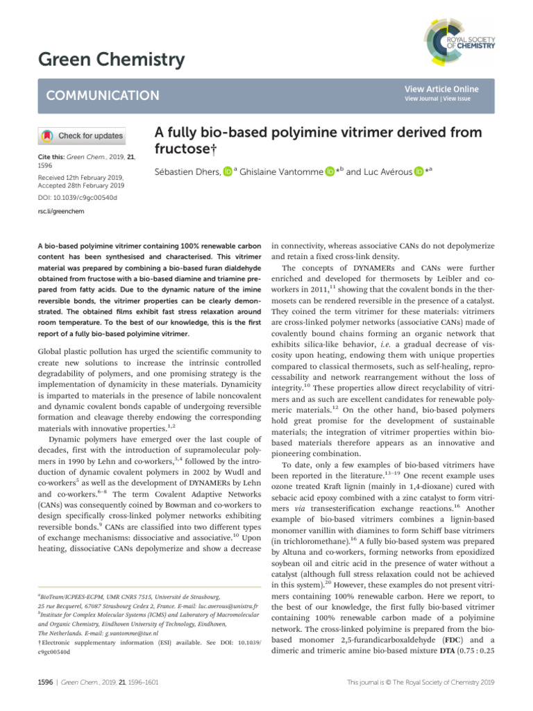 A Fully Bio-Based Polyimine Vitrimer Derived Fromfructose - Green ...