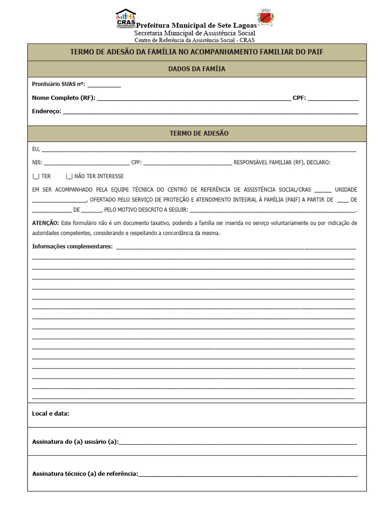 Prontuário Suas Cras Formulário 6 Adesão e Desligamento Do ...