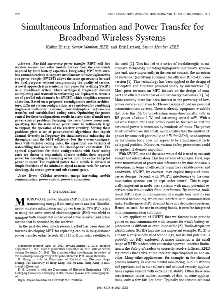 Simultaneous Information and Power Transfer For Broadband Wireless Systems | PDF | Orthogonal ...